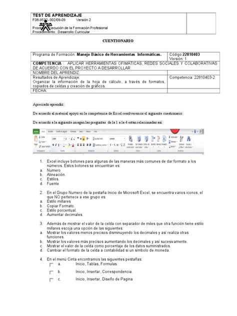 Cuestionario Excel Doc Microsoft Excel Hoja De Cálculo