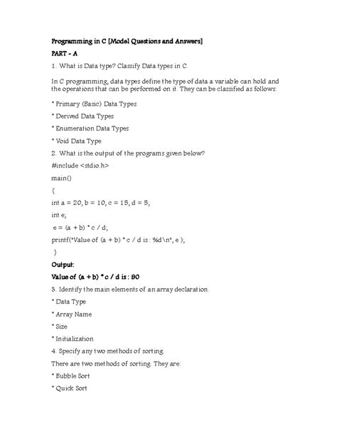 Programming In C Model Answers 1 Programming In C Model Questions