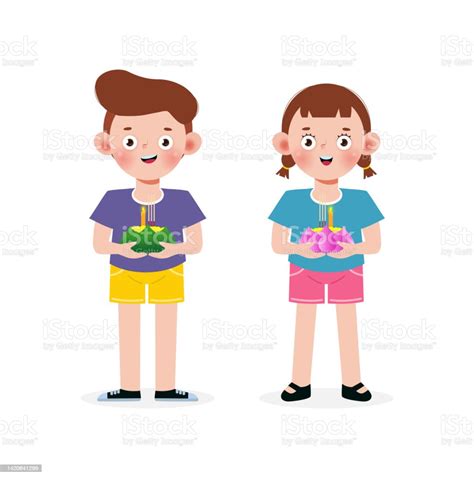 귀여운 아시아 관광객 커플과 함께 로이 크라통 축제 흰색 배경에 고립 된 크라통을 개최 축하 및 태국 개념 만화 포스터 고립 된 벡터 일러스트 레이 션의 문화 11월에 대한