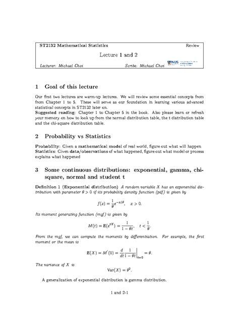 Ln1 Lecture 1 2 Notes St2132 Mathematical Statistics Review Lecture