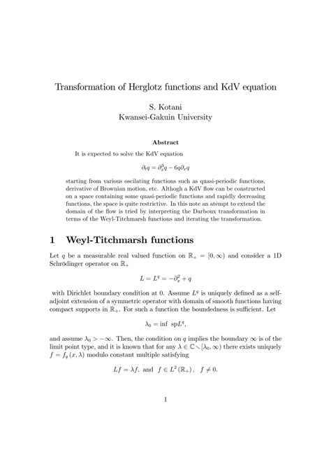 Pdf Transformation Of Herglotz Functions And Kdv Equation