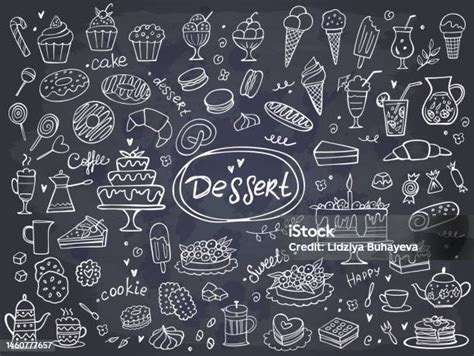 칠판에 맛있는 과자를 손으로 그린 세트 벡터 그림입니다 케이크 비스킷 베이킹 쿠키 패스트리 도넛 아이스크림 마카롱 디저트 메뉴 또는 식품 패키지 디자인에 적합합니다 후식에