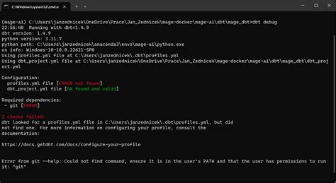 Etl Dbt Debug Configuration And Testing Of Sql Server Database Profilesyml Windows