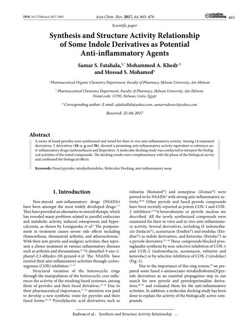 Pdf Synthesis And Structure Activity Relationship Of Some Indole Derivatives As Potential Anti
