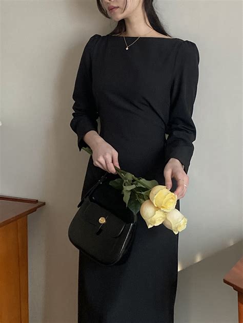 루엣 💐자체제작블랙롱원피스 Made 모어엣 No6 하객룩 입술넥 긴팔 원피스s L하객원피스