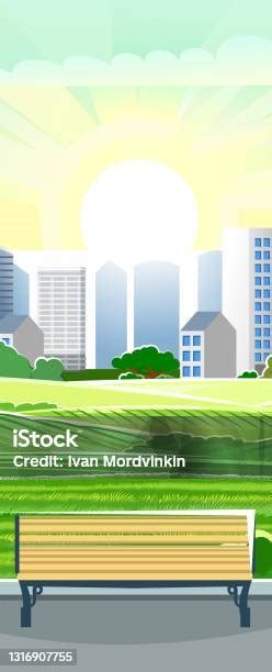 도시의 배경에 벤치 교외 마을 시골 언덕 채소 밭 초원 아름다운 여름 풍경 휴식 장소 아름다운 그림 수직 조성물 벡터 0명에