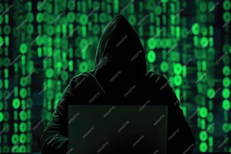 Cybersecurity Breach Hooded Hacker In Binary Matrix Premium Ai Generated Image