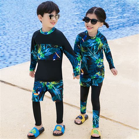 男孩儿童防晒游泳衣中大童分体泳装长袖浮潜服女童男童速干潜水服 虎窝淘