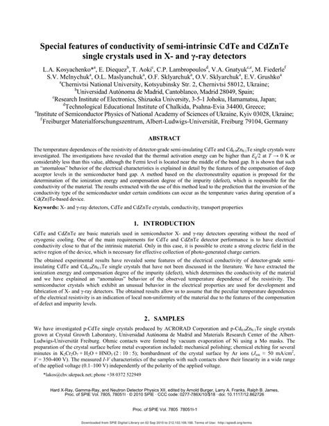 Pdf Special Features Of Conductivity Of Semi Intrinsic Cdte And Cdznte Single Crystals Used In