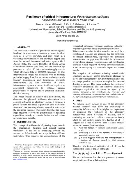 Pdf Resiliency Of Critical Infrastructure Power System Resilience Capabilities And Assessment
