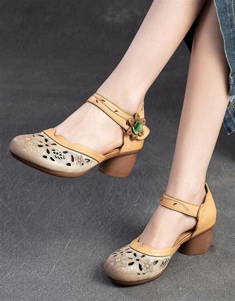 Leather Hand Carved Flowers Hollow Chunky Heel Sandals