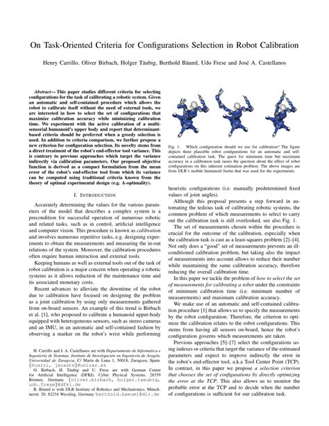 Pdf On The Criteria For Configurations Selection In Robot Calibration