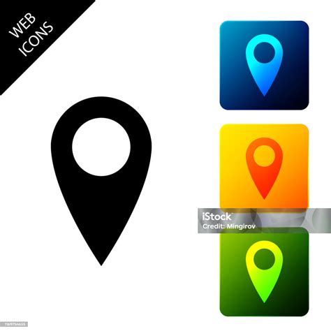 흰색 배경에 격리 된 핀 아이콘을 매핑합니다 포인터 기호입니다 위치 기호입니다 네비게이션지도 Gps 방향 장소 나침반 연락처 검색 개념 설정 아이콘 다채로운 사각형 버튼