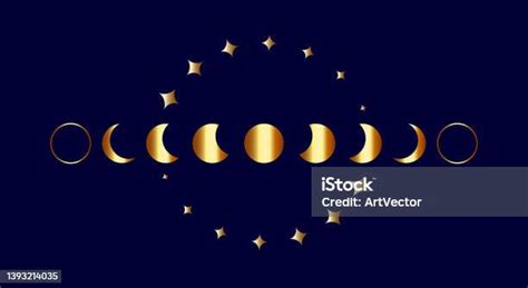 달 위상 골드 테두리 프레임 Wicca 배너 표지판 트리플 달 이교도 위칸 여신 상징 신성한 기하학 올해의 바퀴와 황금 별 파란색 배경에 고립 된 벡터 여신에 대한 스톡