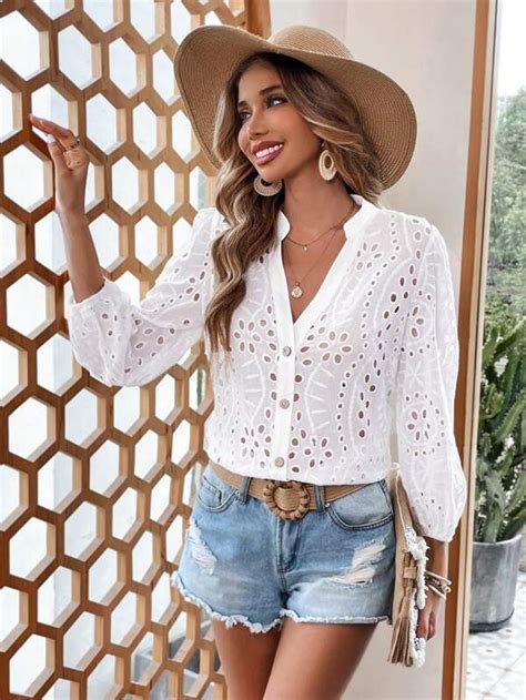 Shein Vcay Eyelet Embroidery Button Front Lantern Sleeve Blouse Shein