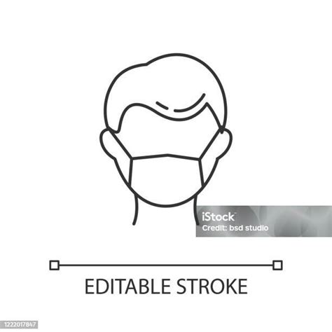 일회용 의료 마스크 선형 아이콘입니다 감기 전염성 질환 호흡기 문제 의료 종사자 가는 선 그림입니다 등고선 기호입니다 벡터 절연 윤곽선 도면 편집 가능한 스트로크 보호