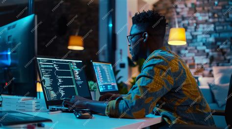 Focused Programmer Working On Multiple Monitors In A Modern Tech