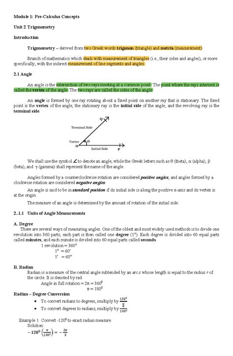 Limits Module 1 Pre Calculus Concepts Unit 2 Trigonometry