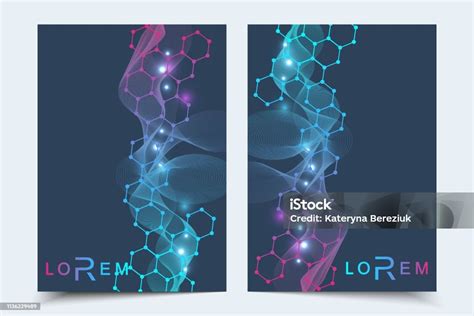 과학 브로셔 디자인 서식 파일입니다 벡터 플라이어 레이아웃 연결 된 라인과 점을 가진 분자 구조 잡지 전단지 표지 포스터 디자인에 대 한 요소와 과학적인 패턴 원자 Dna