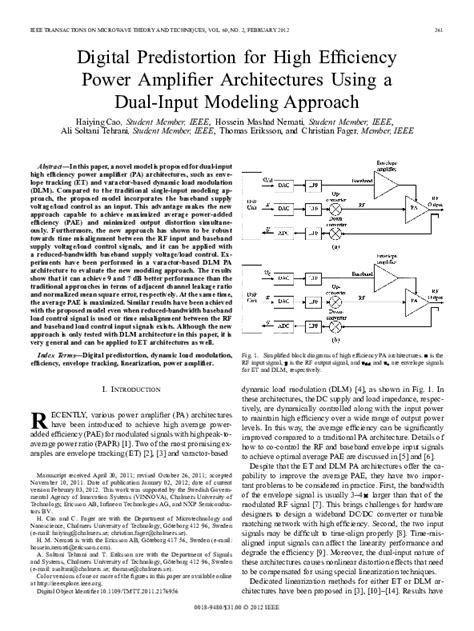 Pdf Digital Predistortion For High Efficiency Power Amplifier Architectures Using A Dual Input