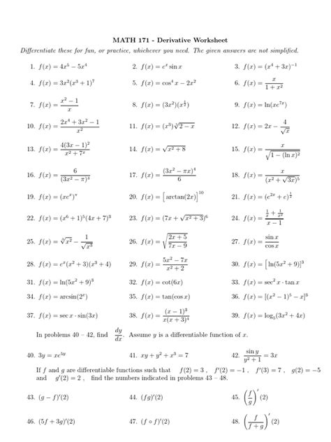 Differentiation Worksheet Class 12
