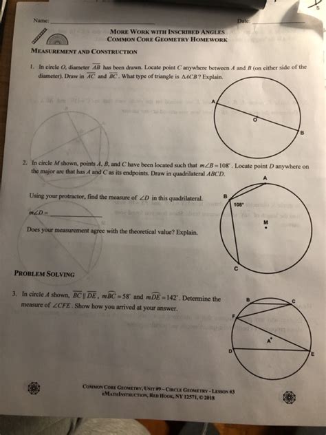 Solved Name More Work With Inscribed Angles Common Core