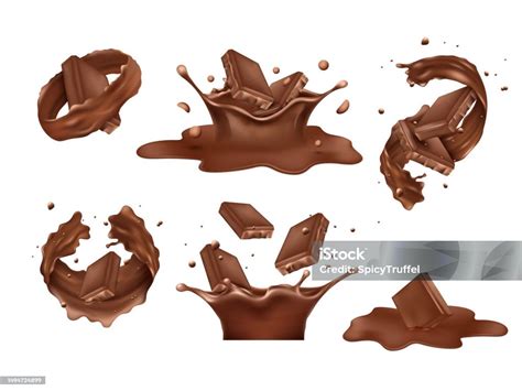 밀크 초콜릿 바 초코 스플래쉬 움직이는 다크 코코아 조각 케이크 로고 3d 격리 요소 핫멜트 또는 쉐이크 액체 떨어지는 소용돌이 스무디 또는 멜트 크림 벡터 디자인 개체