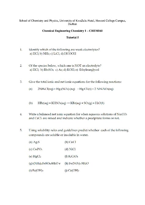 Tut TUTORIAL School Of Chemistry And Physics University Of KwaZulu Natal Howard College