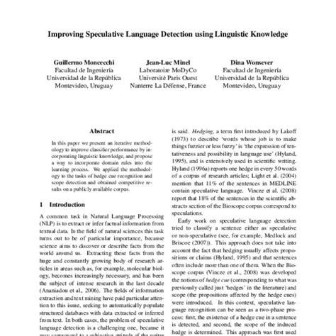 Improving Speculative Language Detection Using Linguistic Knowledge Acl Anthology
