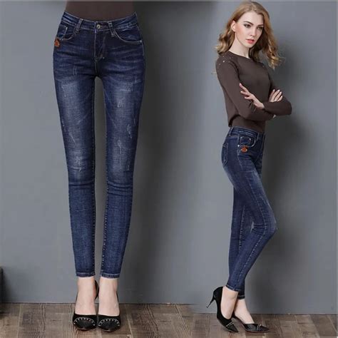 Fashion Casual Women Brand Vintage Middle Waist Skinny Denim Jeans Slim Ripped Jeans Hole Pants