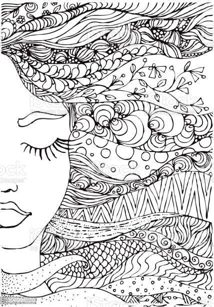 손으로 그린 잉크 낙서 여자는 얼굴과 흰색 배경에 흐르는 머리 색칠 페이지 젠달라 디자인 포어 어른 포스터 인쇄 티셔츠 초대장 배너 전단지 컬러링 북 페이지 일러스트레이션