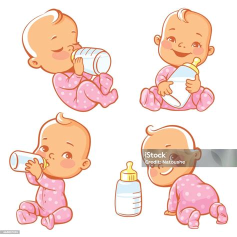 귀여운 작은 아기 우유 병으로 설정 합니다 분홍색 잠 옷 음료 우유에 갓난 아기 소녀 신생아 분유 또는 모유 수 유 행복 한 아이 미소 크롤링 앉아 거짓말 벡터