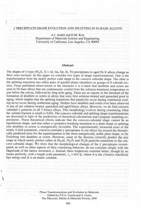 pdf gamma prime precipitate shape evolution and splitting in ni base