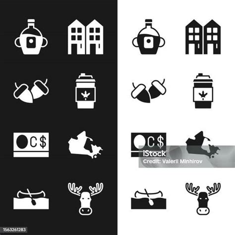 커피 컵 도토리 메이플 시럽 집 캐나다 달러 캐나다 지도 뿔이 달린 무스 머리 카약 카누 아이콘을 설정합니다 벡터 0명에 대한 스톡 벡터 아트 및 기타 이미지 Istock