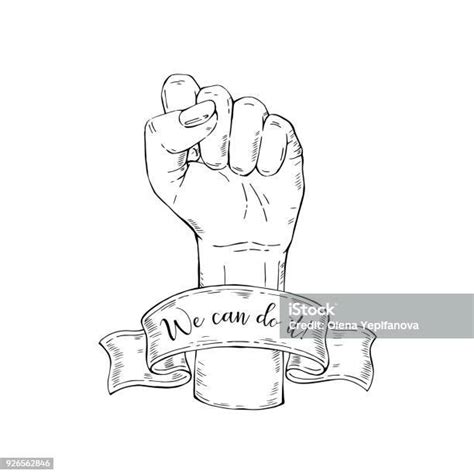 손으로 그린 배경 벡터 그림을 스케치 인쇄 광고 포스터 포스터 웹 디자인에 대 한 템플릿 여성 손 주먹을 제기입니다 페미니즘의 상징입니다 우리는 그것을 할 수 있다 빈티지