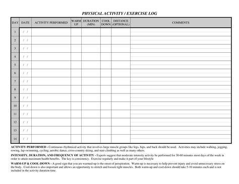 The Printable Worksheet For Physical Activity Exercise Log Is Shown In This Image