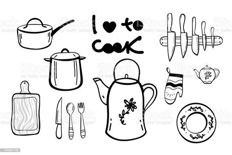 쿡의 도구와 아이템 세트를 낙서합니다 손으로 그린 디자인 요소 요리용 아이템이 있는 벡터 일러스트레이션입니다 칼 접시 팬 컵