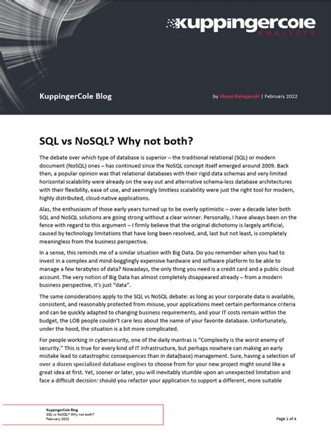Kuppingercole Sql Vs Nosql Report Pdf No Sql Databases