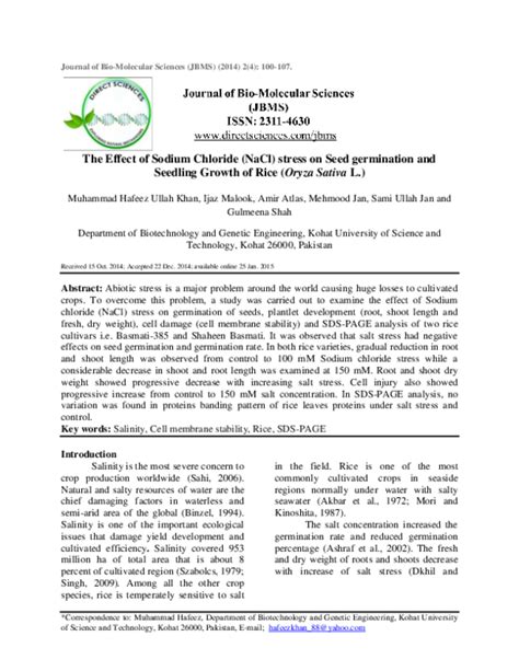 Pdf The Effect Of Sodium Chloride Nacl Stress On Seed Germination