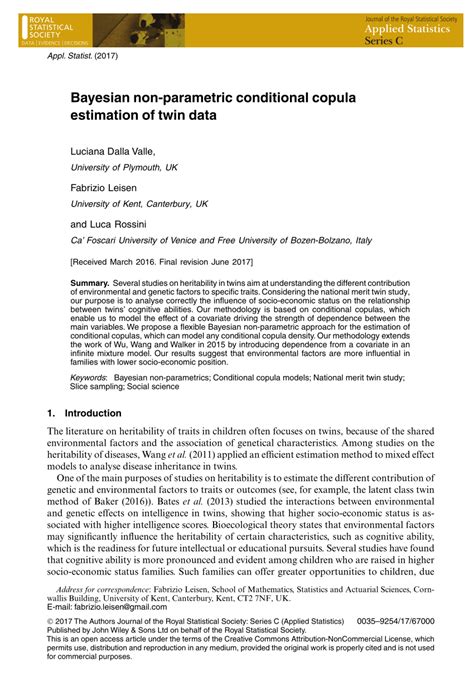 Pdf Bayesian Non Parametric Conditional Copula Estimation Of Twin Data
