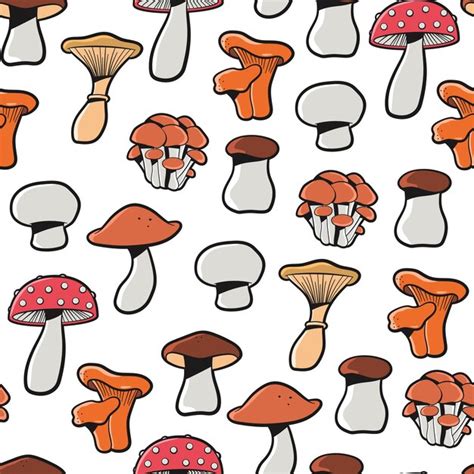 포장 및 배경 벽지 포장에 대 한 흰색 배경에 버섯 벡터 만화 원활한 패턴 프리미엄 벡터