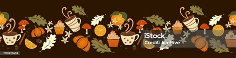 나뭇잎 도토리 계피 커피 호박 컵케이크 버섯이 있는 가을 음식 이음매 없는 패턴 가을 추수 축제 할로윈 또는 해피 추수 감사절 짙은 갈색 배경 디자인 초대장에 대한 스톡