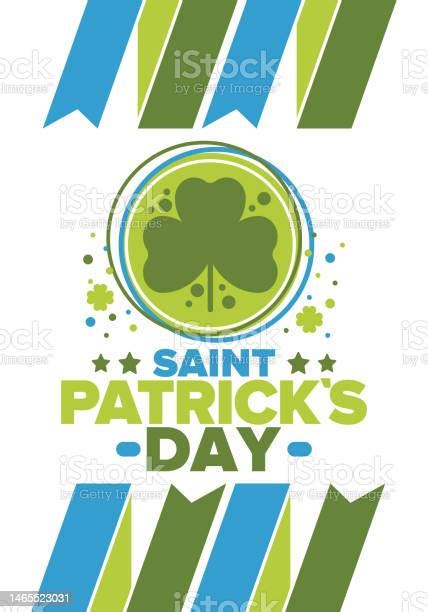 해피 세인트 패트릭의 날 전통적인 아일랜드 휴일입니다 3월 17일 연례 기념 클로버와 토끼풀 잎 녹색과 오렌지 파티 디자인 아일랜드 색상입니다 포스터 카드 배너 및 배경