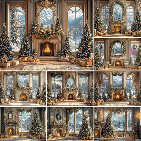 พื้นหลังการถ่ายภาพโกลเด้นต้นคริสต์มาสพวงมาลัยเตาผิงตกแต่งห้องฉากหลังครอบครัววันหยุดภาพสตูดิโอ