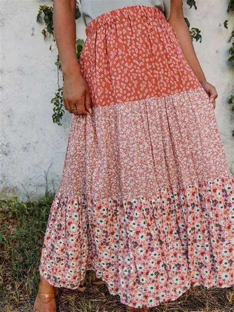 Temu｜plus Size Vacay Skirt Womens Plus Colorblock Ditsy Floral Print