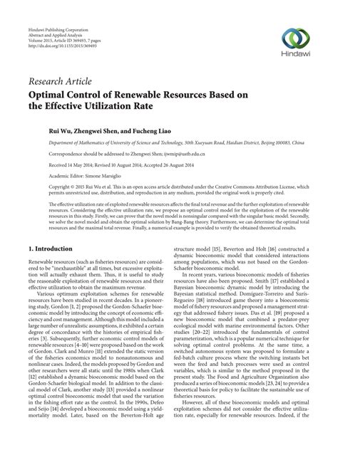 Pdf Optimal Control Of Renewable Resources Based On The Effective Utilization Rate
