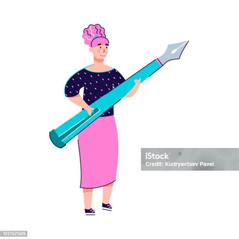 작은 여자 만화 캐릭터 들고 잉크 펜 플랫 벡터 일러스트 격리 여자에 대한 스톡 벡터 아트 및 기타 이미지 여자 펜 개념 Istock