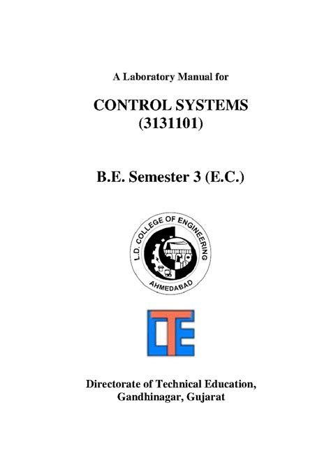 Cs Lab Manual A Laboratory Manual For Control Systems 3131101 B Semester 3 E Directorate