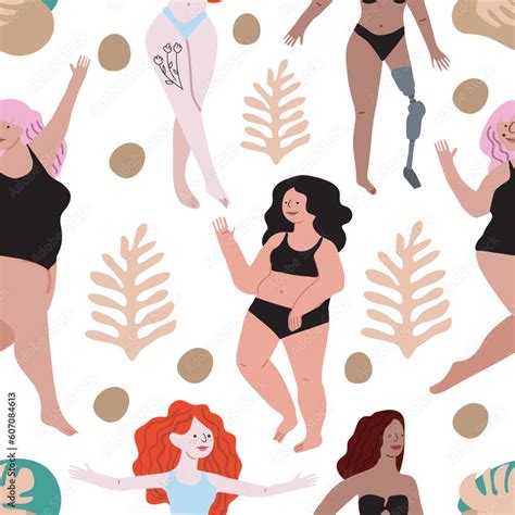 Semless Pattern Cute Girls Body Positive Movement And Variety Of