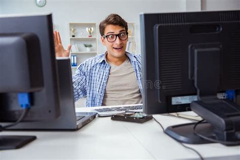 The Young Trader Monitoring Markets On Screens Stock Image Image Of Hardworking Overtime
